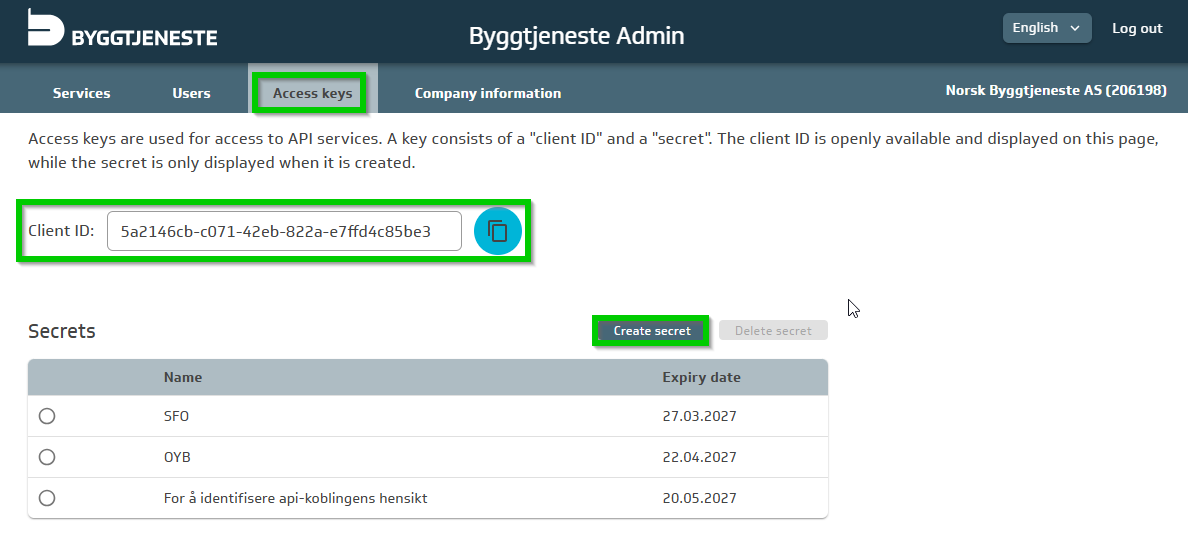 Byggtjeneste Admin API Access keys
